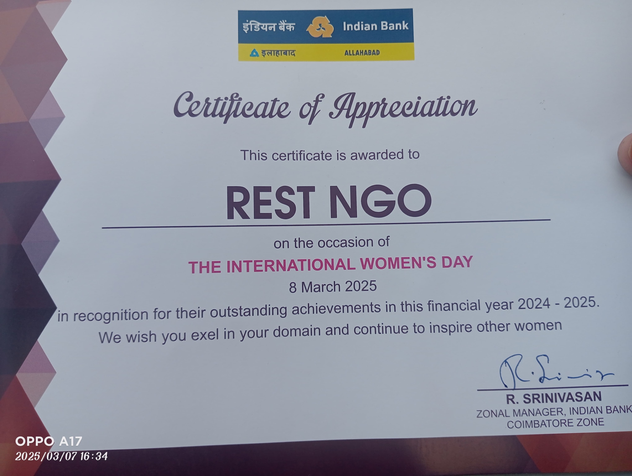 2025 womens day REST NGO HO- REST NGO IS HONOURED BY INDIAN BANK FOR ...
